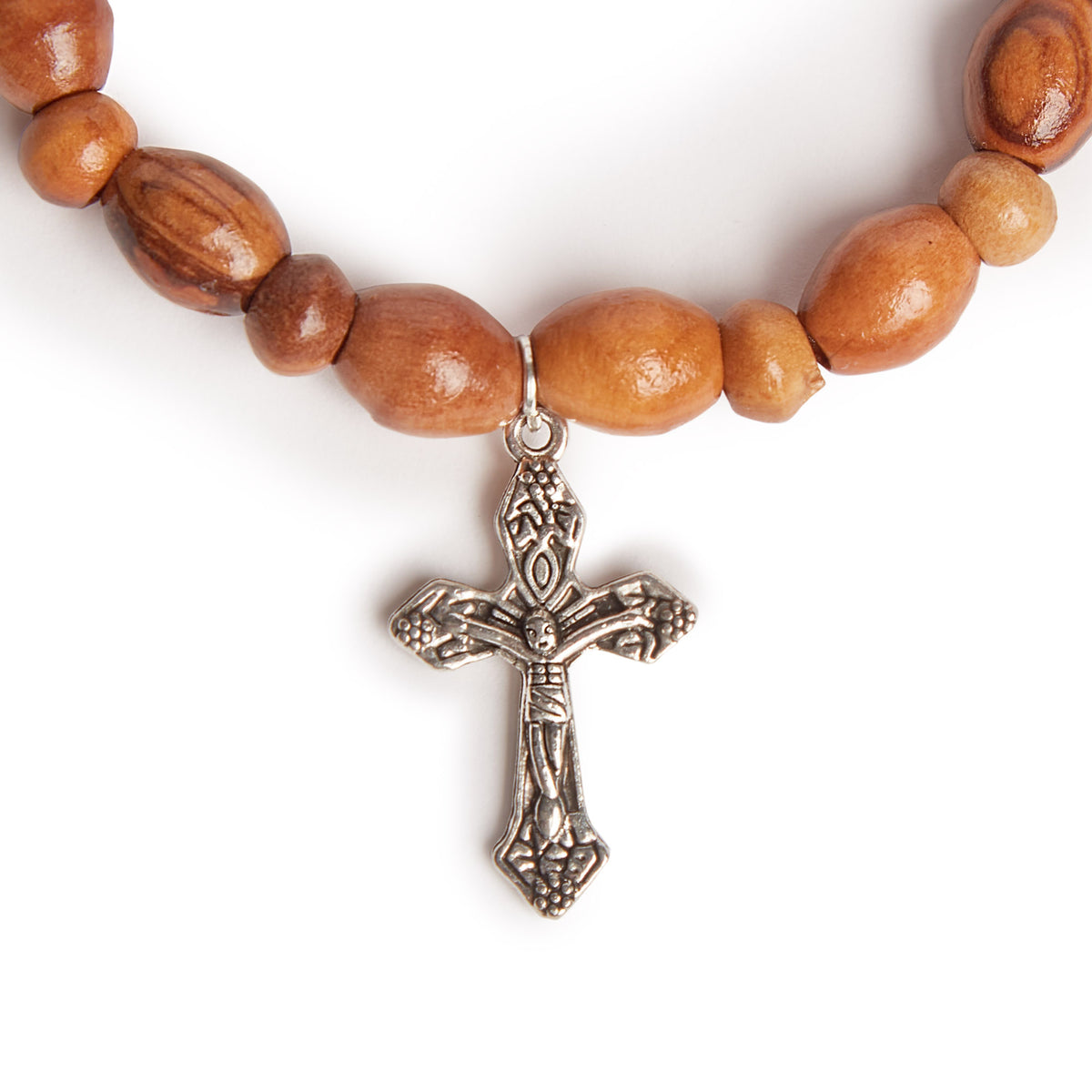 Hand Crafted Olive Wood Bead Bracelet with Silver Crucifix – From The ...